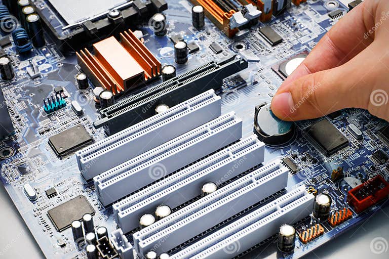 Hand Install Battery To Computer Mainboard Stock Photo - Image of ...