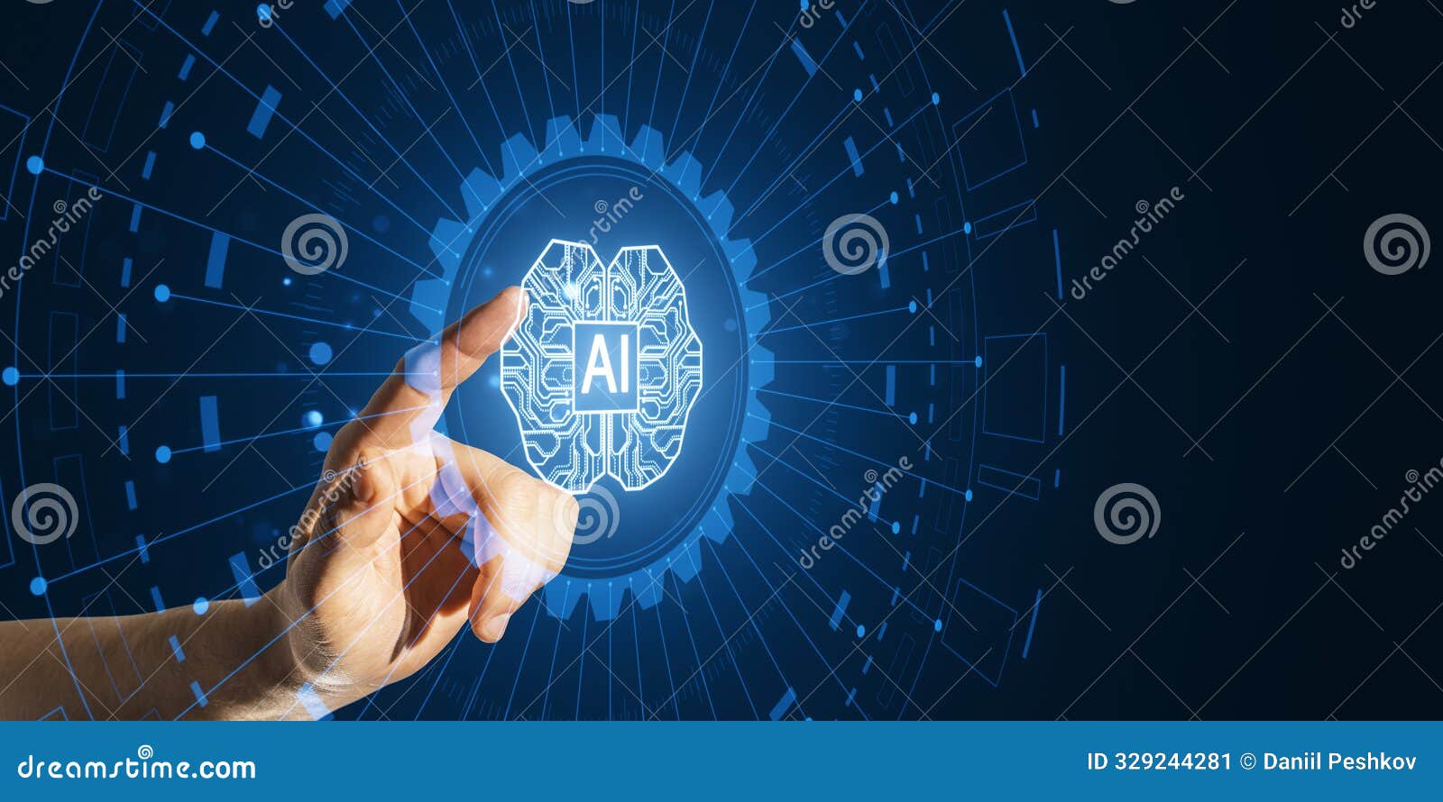 Hand Interacting with AI Brain Hologram on Digital Background Stock ...