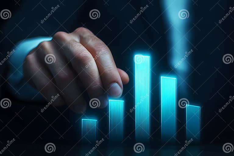 Hand Interacting with Blue Neon Bar Graph Stock Illustration - Illustration of trend, futuristic ...