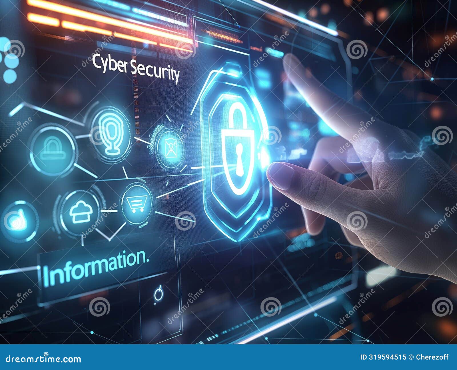 Hand Interacting with Cyber Security Interface Stock Illustration ...