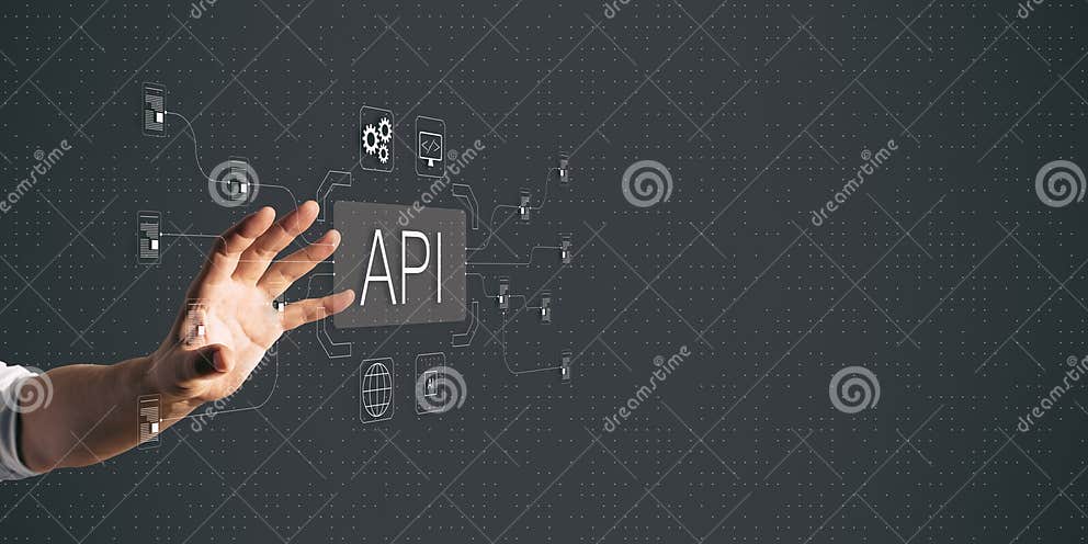 Hand Interacting with Digital API Interface on a Dark Background Stock Photo - Image of business ...