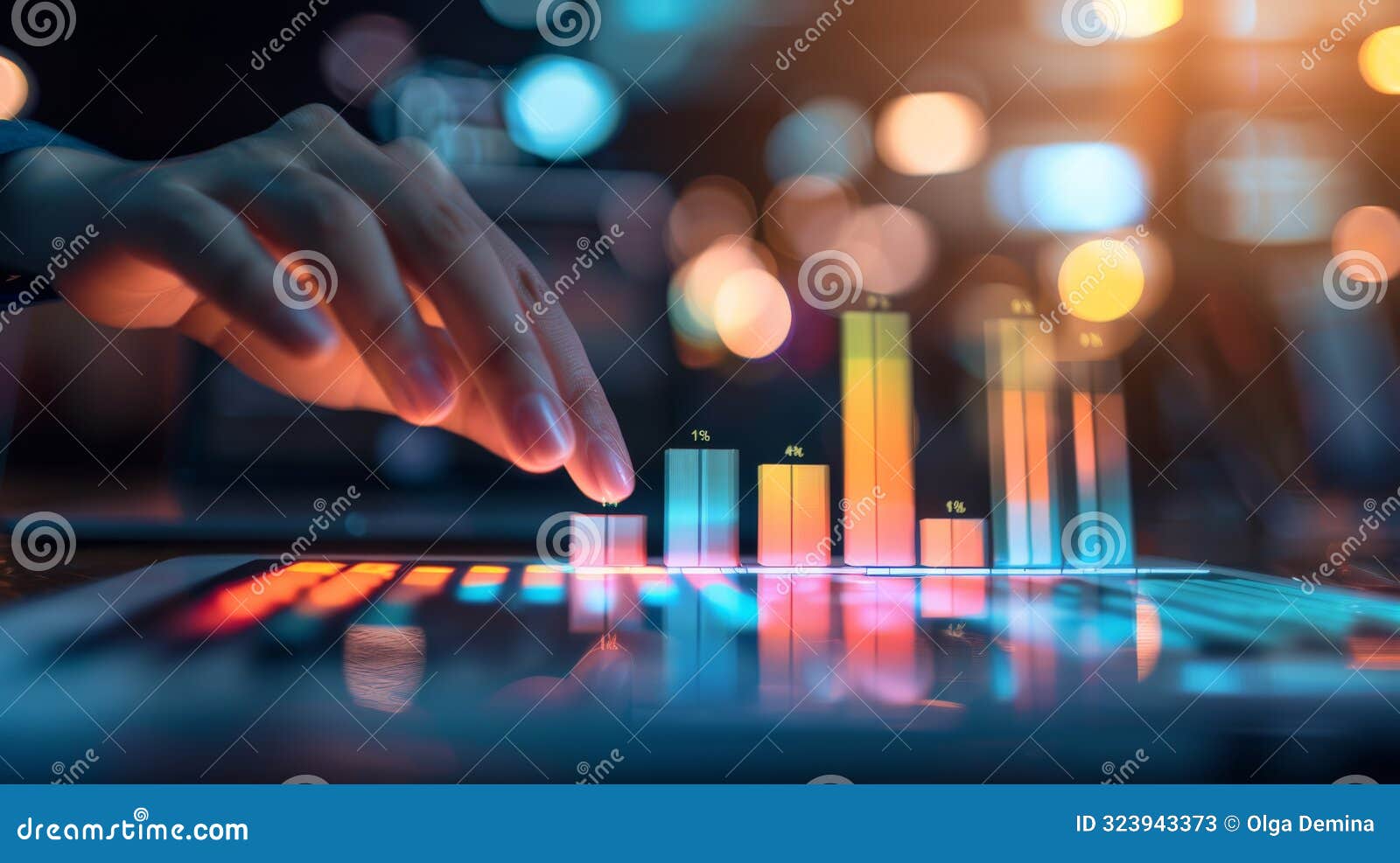 Hand Interacting with a Digital Bar Graph on a Screen. Data ...