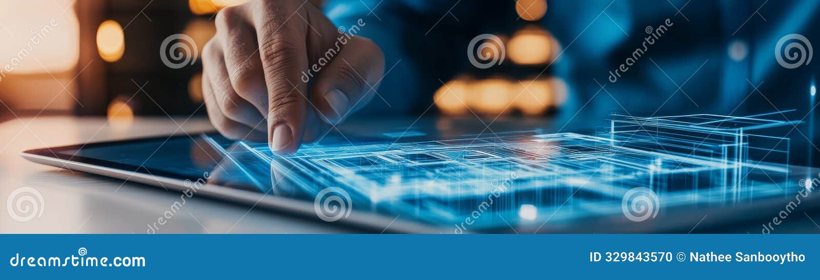 Hand Interacting with Digital Blueprint on Tablet Stock Illustration ...