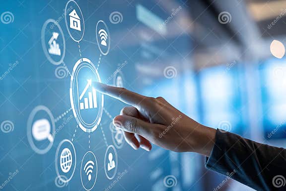 Hand Interacting with a Digital Business Analytics Dashboard Showing ...