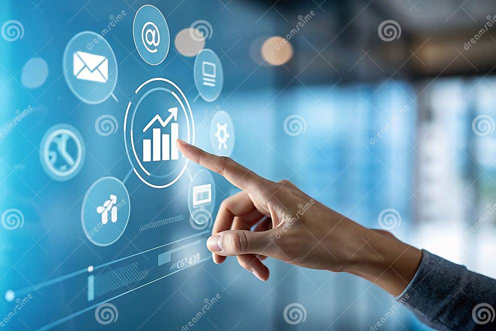 Hand Interacting with Digital Business Analytics Interface Stock ...