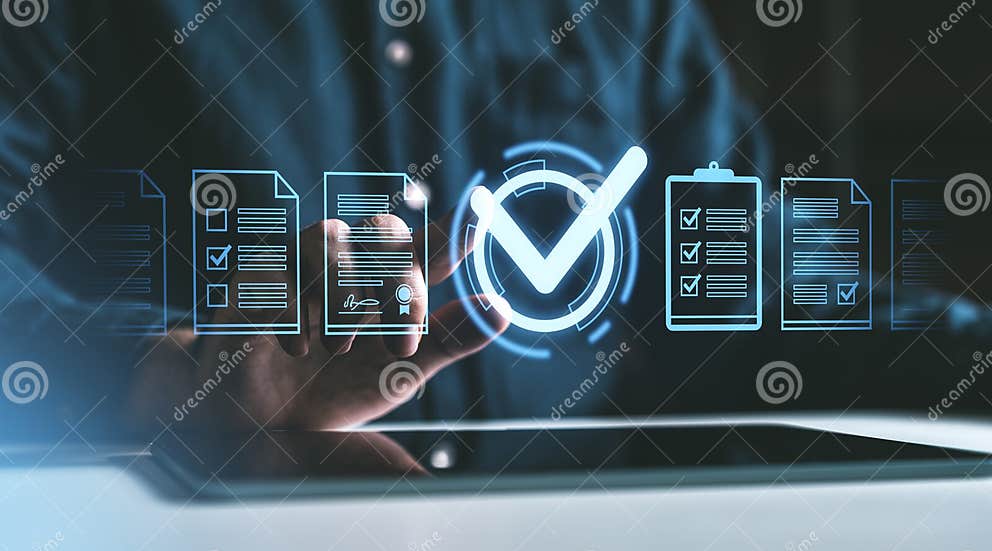 Hand Interacting with Digital Checkboxes and Checkmarks on a Background ...