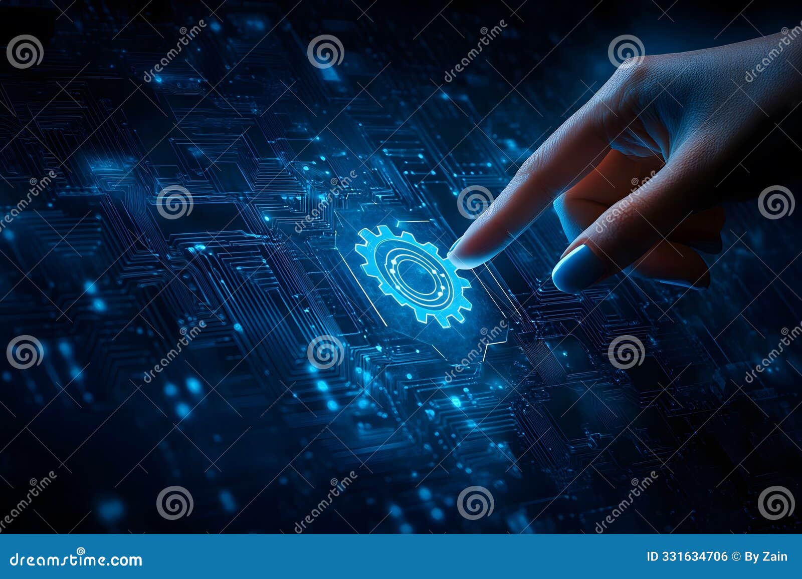 Hand Interacting with Digital Gear Icon Futuristic Interface ...