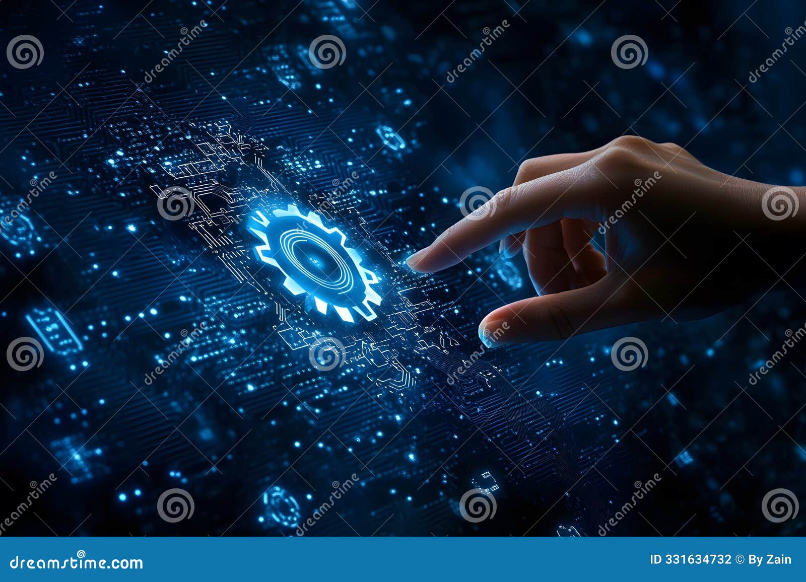 Hand Interacting with Digital Gear Icon Futuristic Interface ...