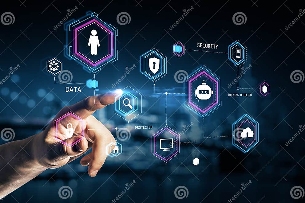 Hand Interacting with Digital Holographic Security Interface, Icons and ...