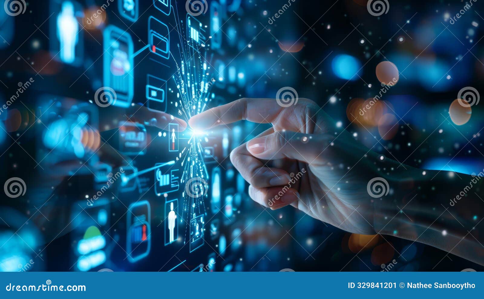 Hand Interacting With AI Cybersecurity Icons On A Dark Neon Background Royalty-Free Stock Image ...