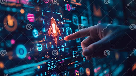 Hand Interacting with a Digital Interface Featuring a Rocket Launch ...