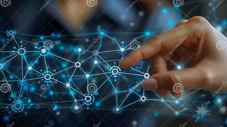 Hand Interacting with Digital Network of Connected Nodes Stock ...
