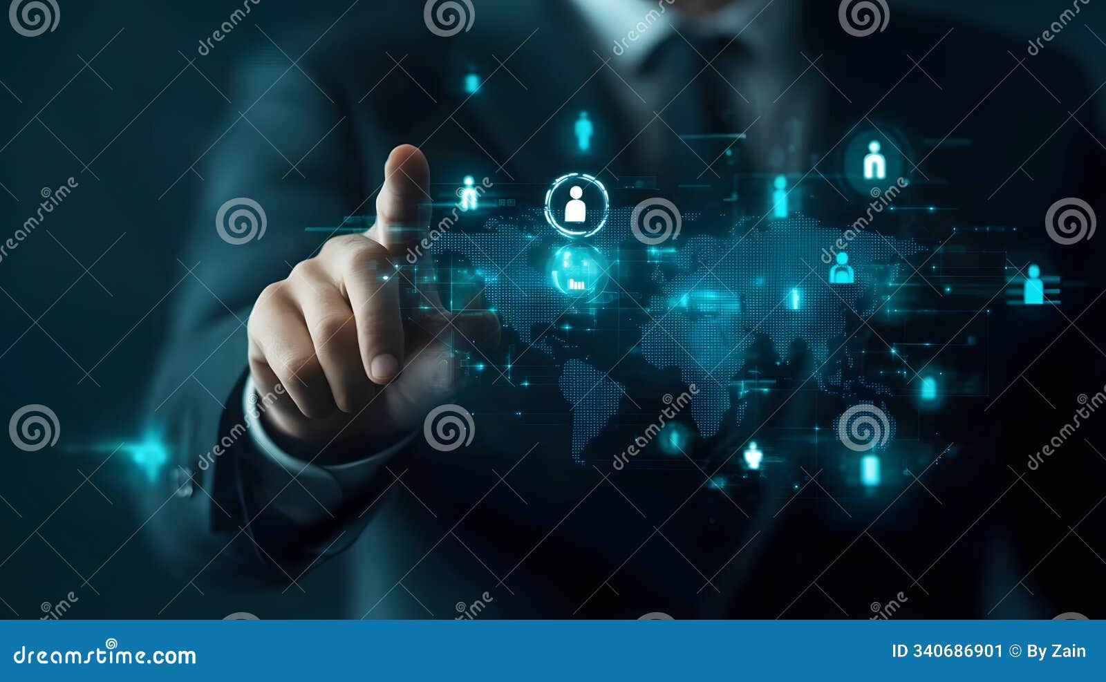 Hand Interacting with Digital Network of Human Icons Social Media and ...