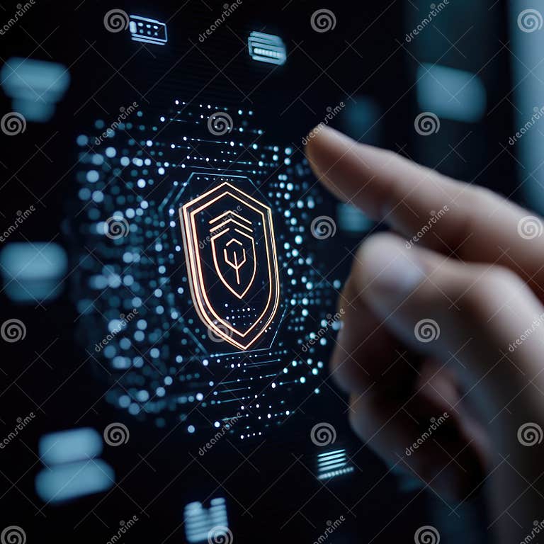 A Hand Interacting with a Digital Shield Symbol on a High-tech Interface, Representing ...
