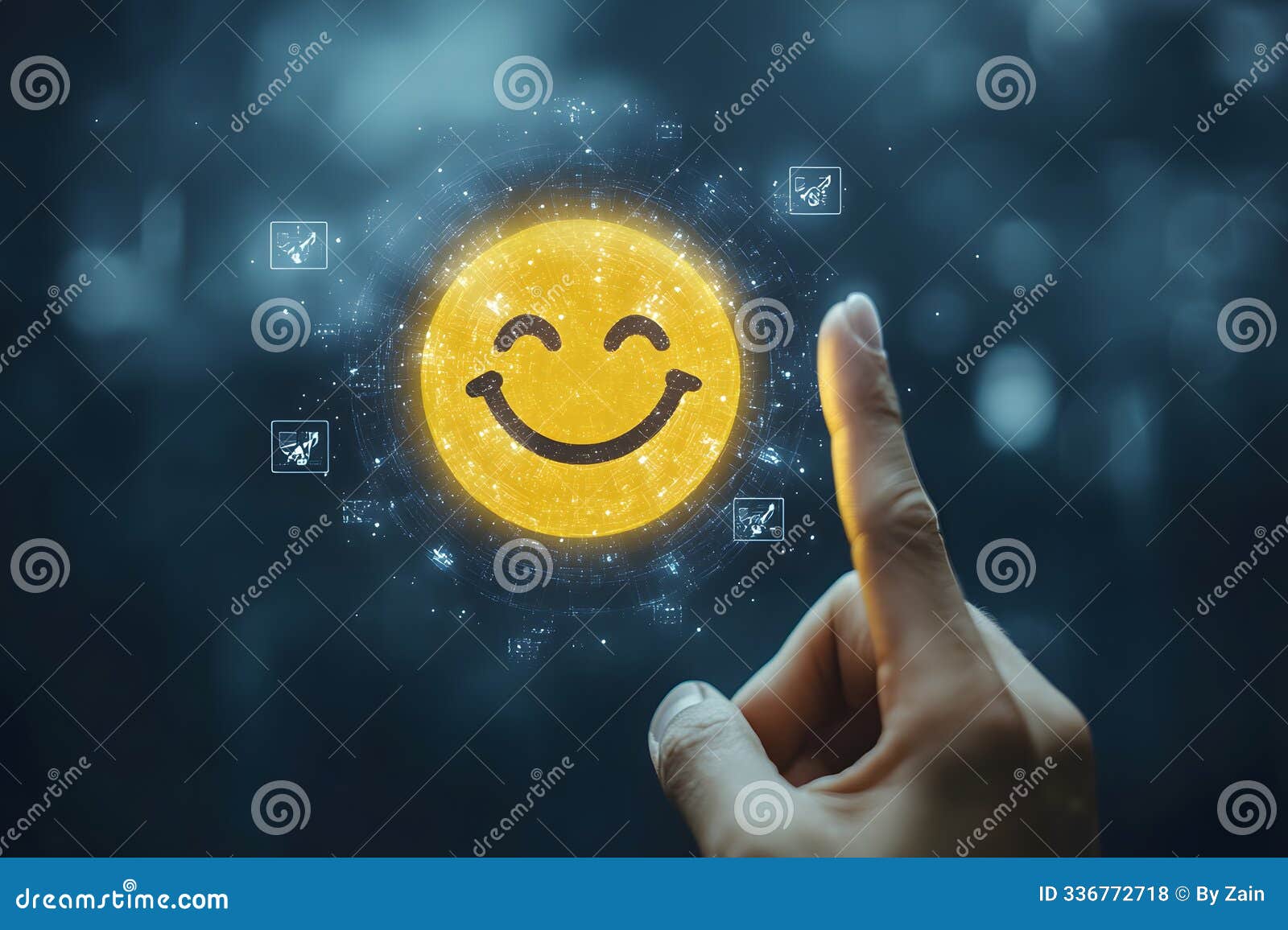 Hand Interacting with Digital Smiley Face Emoji Interface, Futuristic ...