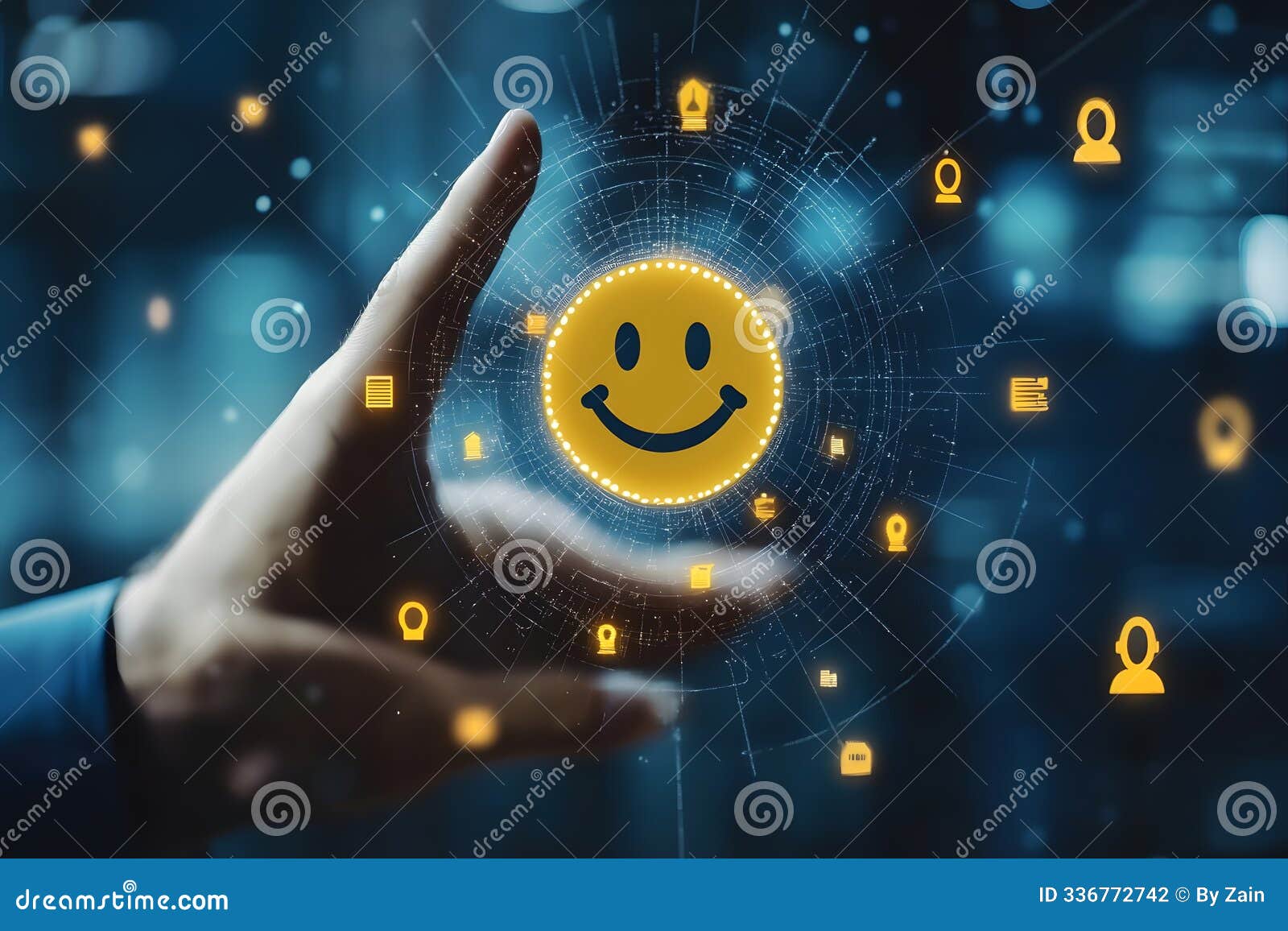 Hand Interacting with Digital Smiley Face Emoji Interface, Futuristic ...