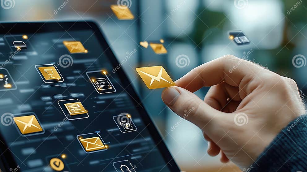 Hand Interacting with Digital Tablet Displaying Floating App Icons in ...