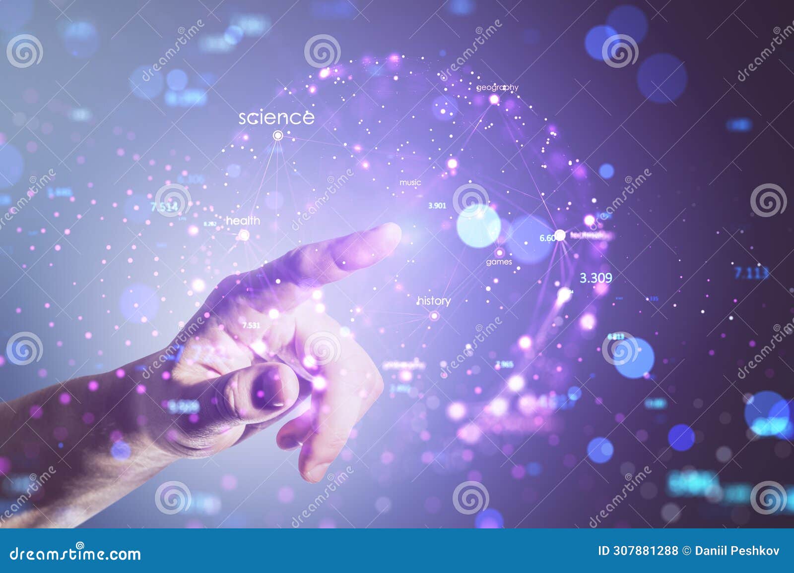 Hand Interacting with Floating Digital Nodes and Connections on a Dark ...