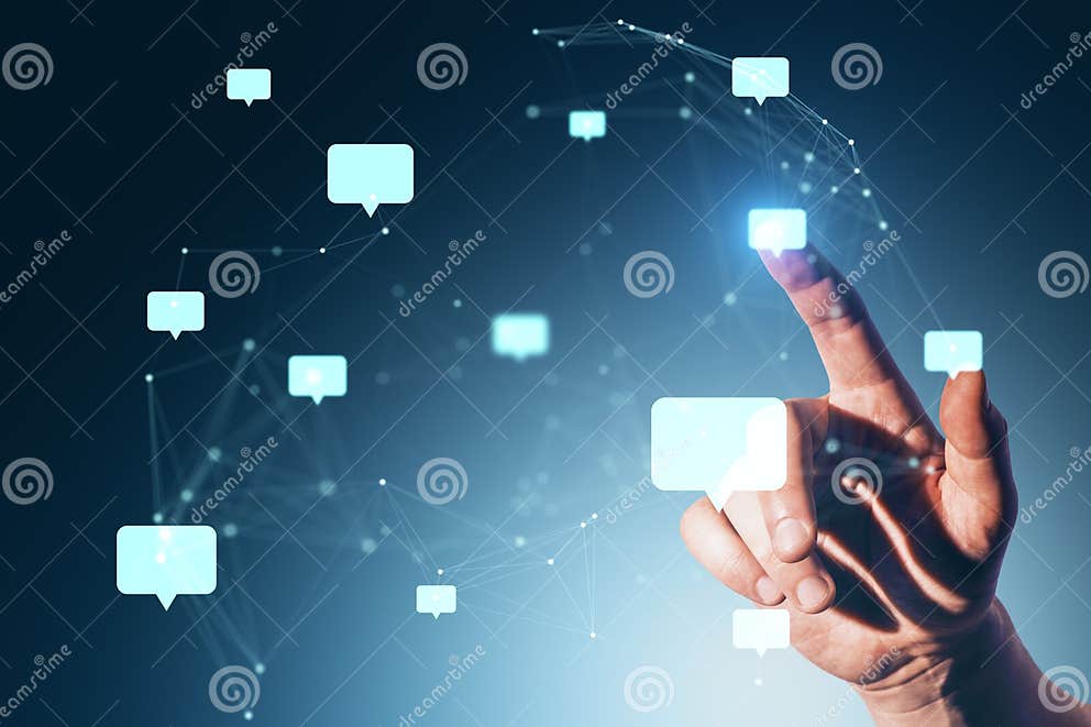 Hand Interacting with Floating Speech Bubbles Connected by Digital Lines on Dark Background ...