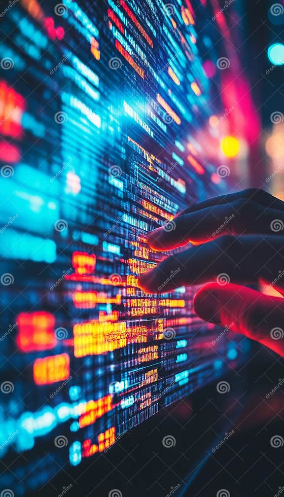 Hand Interacting with Flowing Code Data Stream, Technology Background, Software Development ...