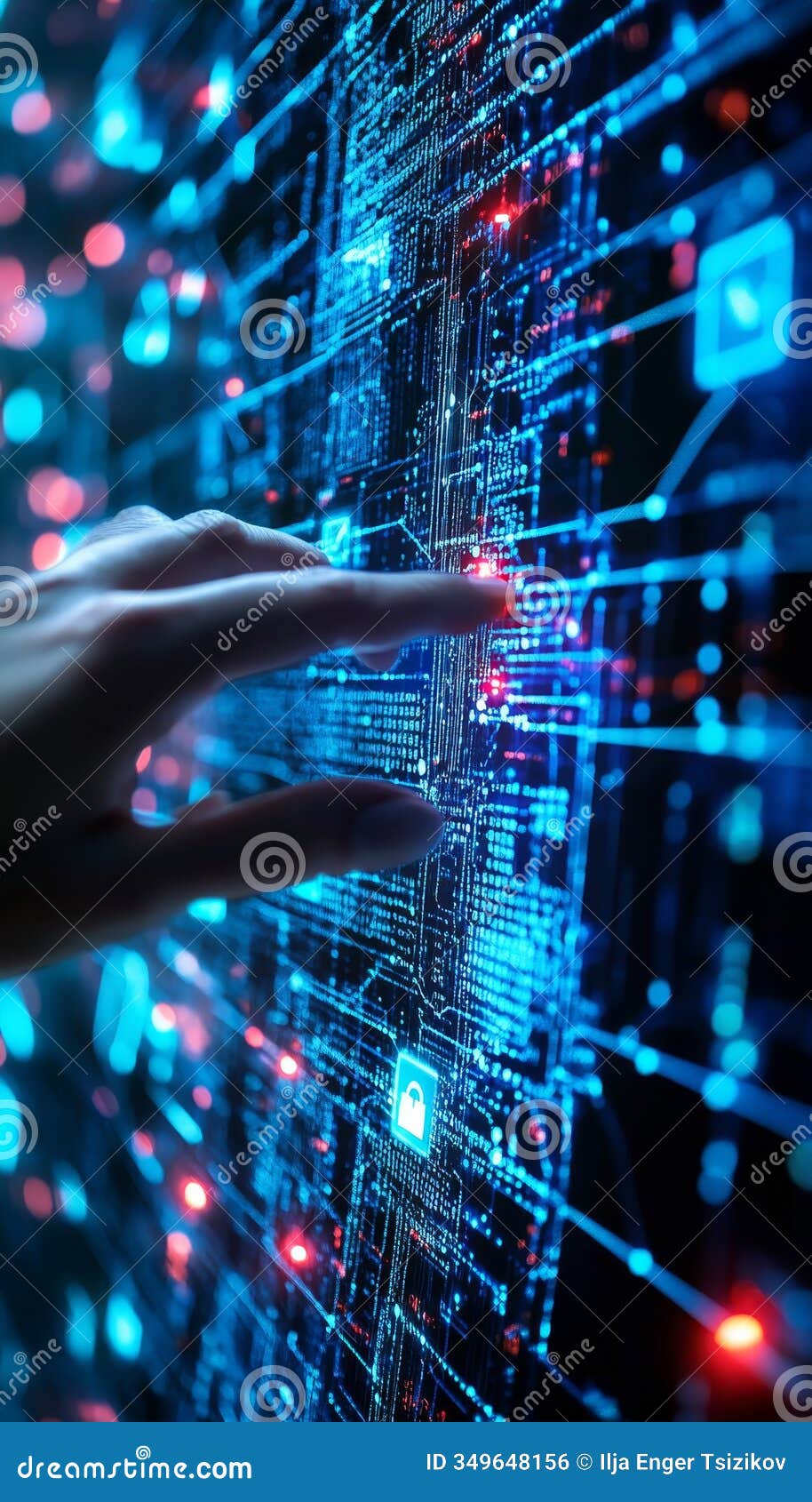 Hand Interacting with Futuristic Data Stream, Visualizing Enterprise Resource Planning Stock ...