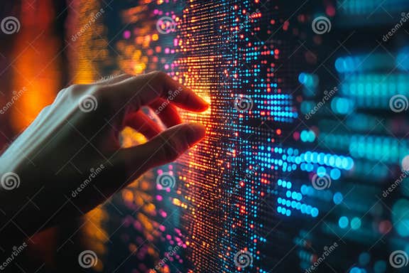 Hand Interacting with Glowing Big Data Screen, Visualizing Complex ...
