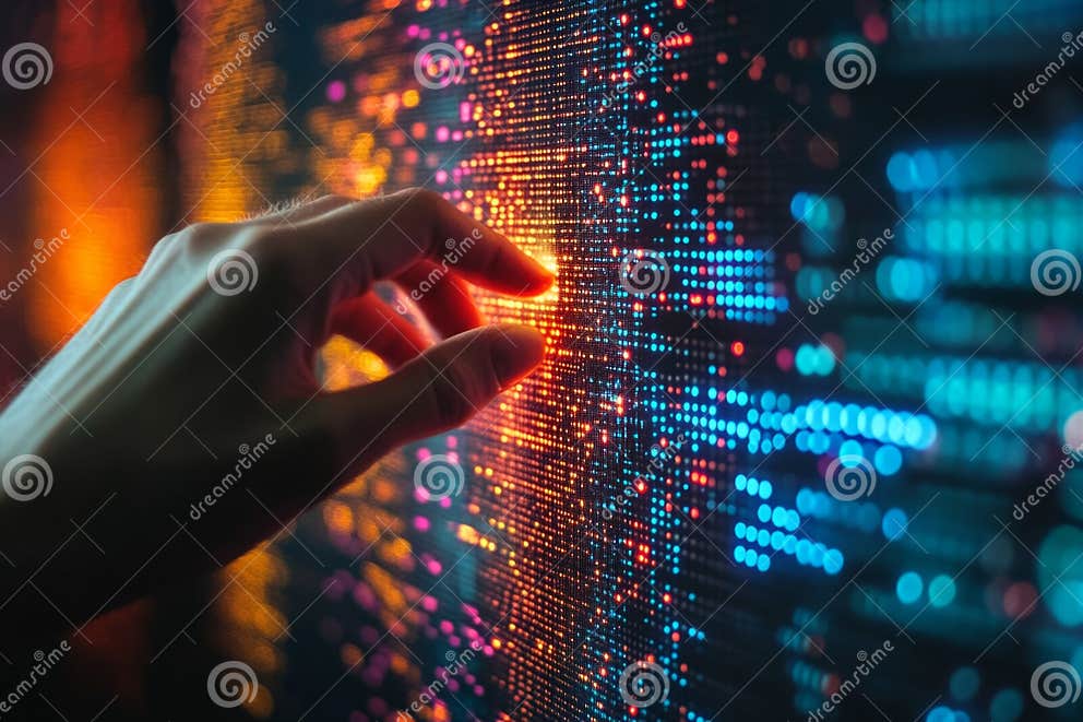Hand Interacting with Glowing Big Data Screen, Visualizing Complex ...