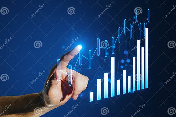 A Hand Interacting with Glowing Digital Graphs on a Blue Background ...