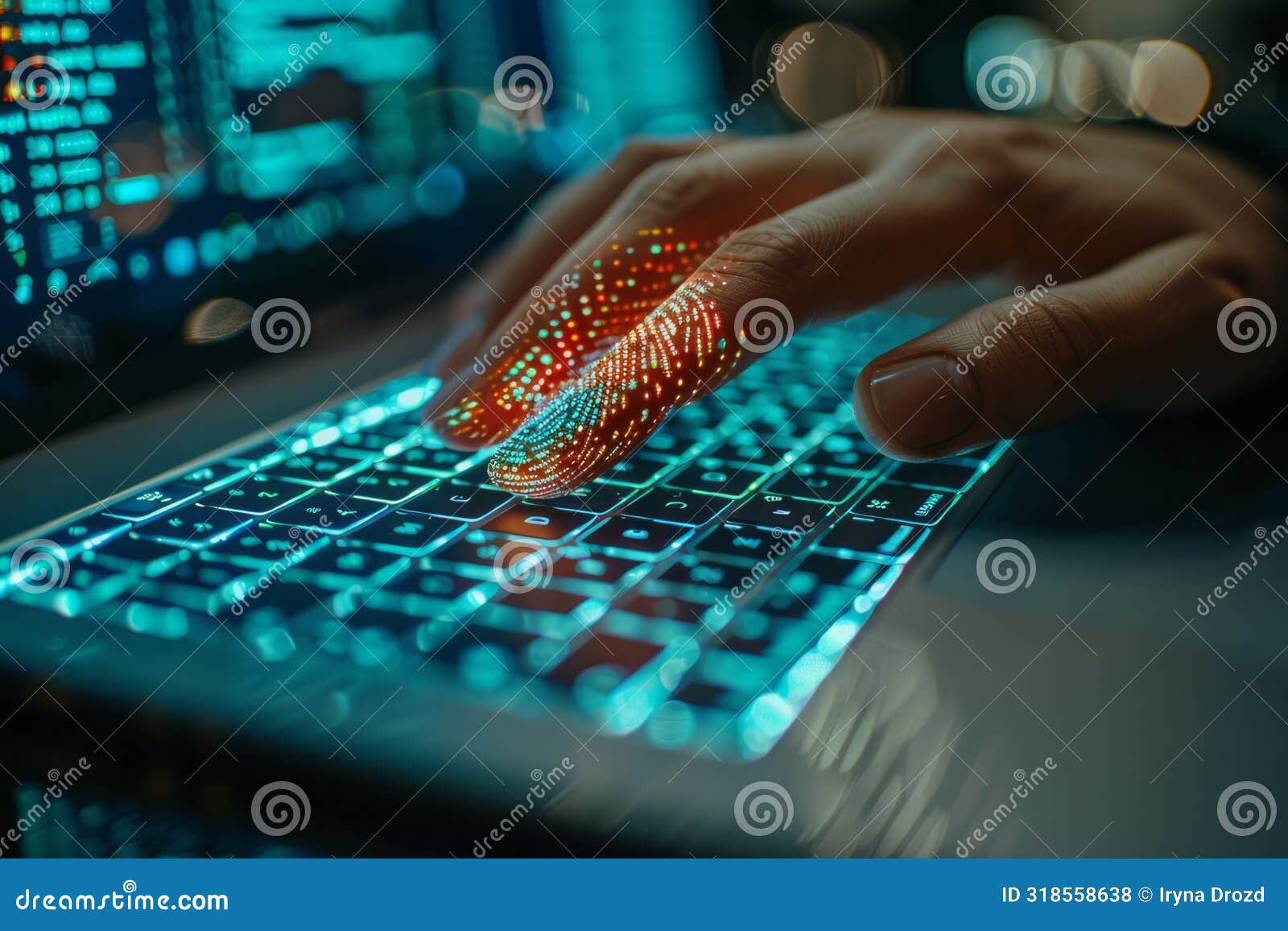 Hand Interacting with a Glowing Keyboard and Digital Data Overlay Stock ...