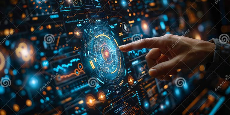 Hand Interacting with a High-tech Interface Displaying Complex Data ...