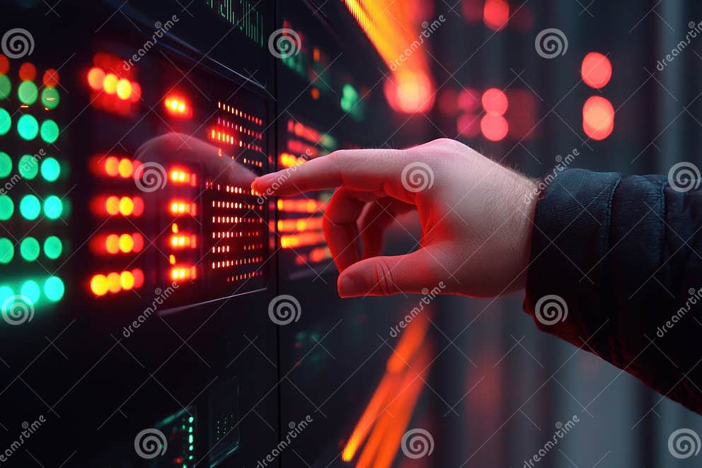 A Hand Interacting with Illuminated Control Panel in a Tech Environment ...