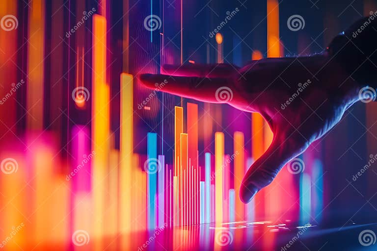 Hand Interacting with Neon Bar Graph Display Stock Illustration - Illustration of interacting ...