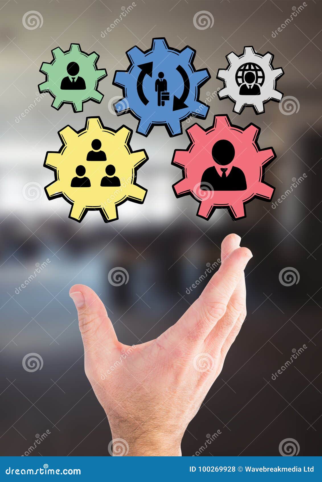 Hand Interacting with People in Cogs Graphics Against Office Background ...