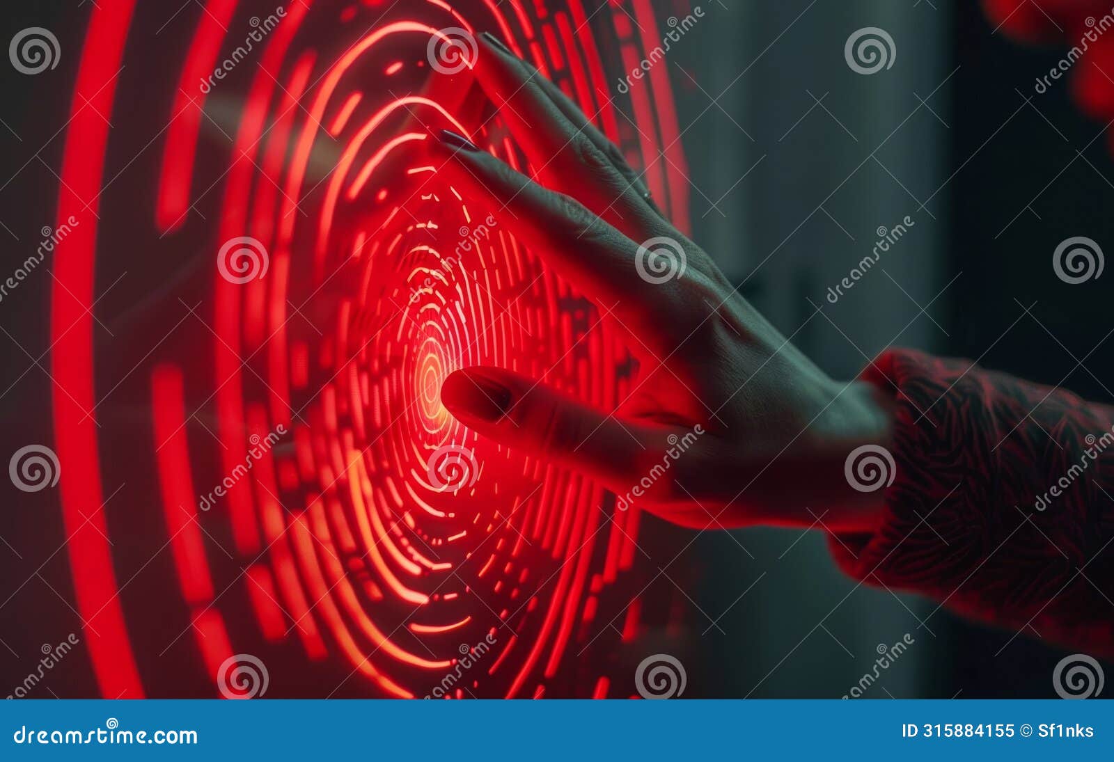 A Hand Interacting with a Red Biometric Fingerprint Scanner ...