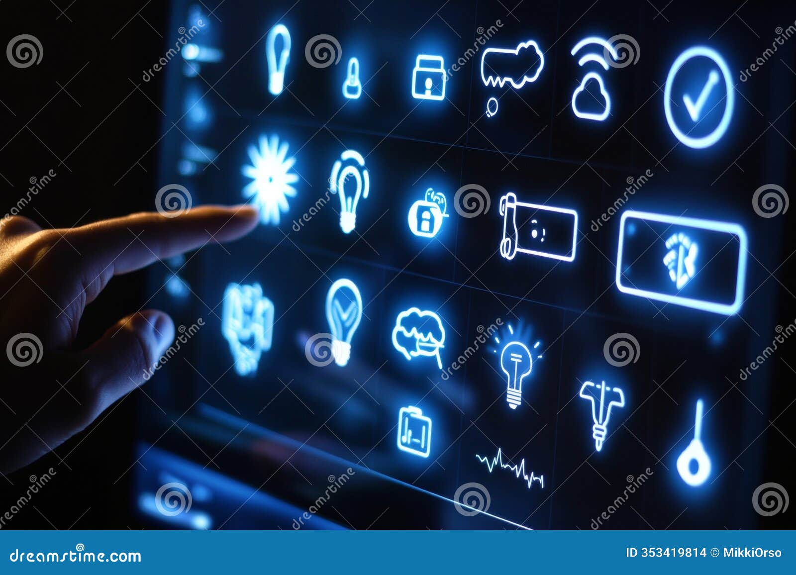 Hand Interacting with Smart Home Touch Screen Icons, Cloud Symbol, and ...