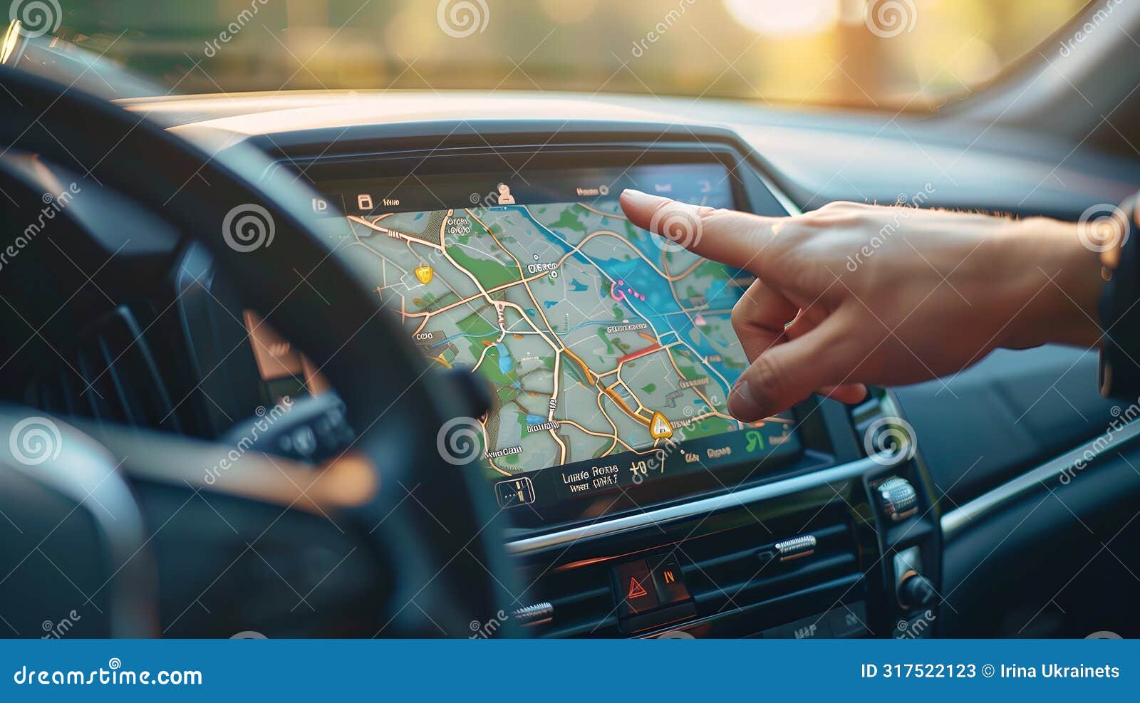 Driver Navigating with a Car Touchscreen GPS. Modern Vehicle Interior ...