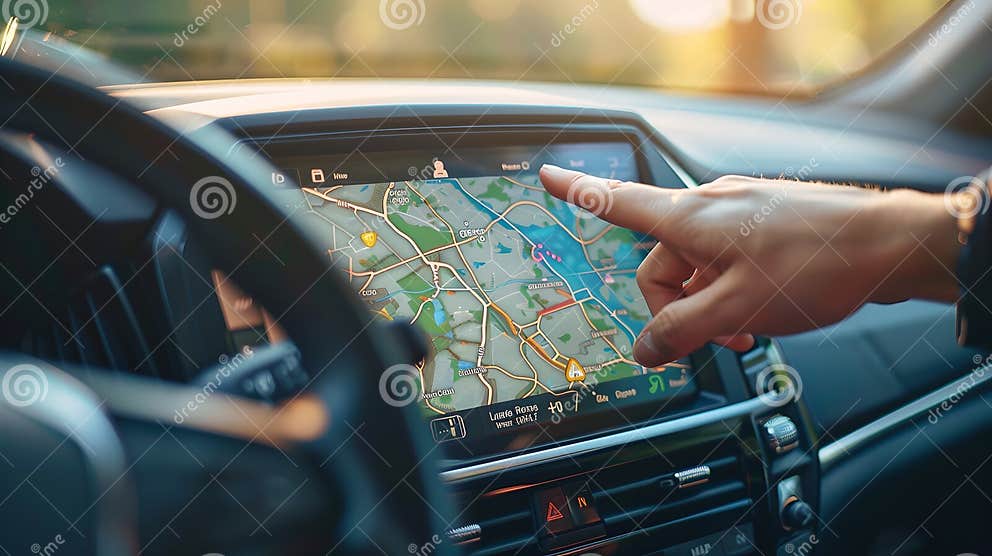 Driver Navigating with a Car Touchscreen GPS. Modern Vehicle Interior ...