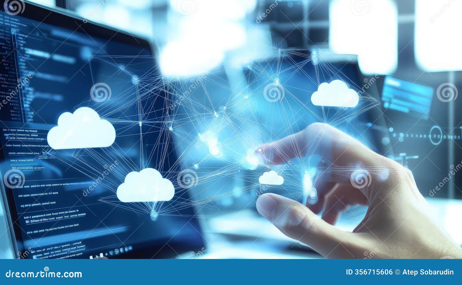 Hand Interacts with Cloud Computing Network, Data Visualized on Screens. Use Tech Website Stock ...