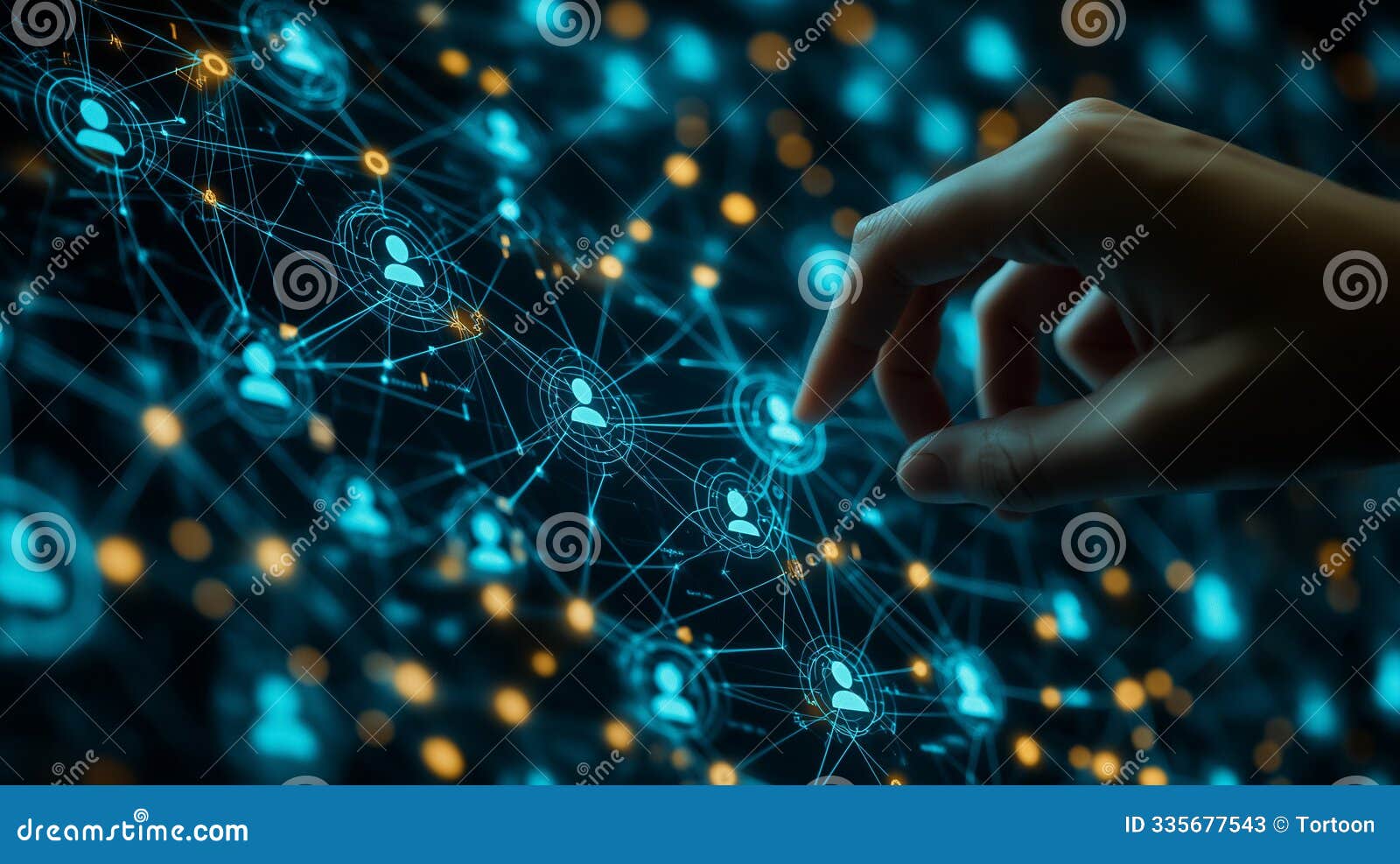 A Hand Interacts with a Complex Digital Network of Interconnected Nodes ...