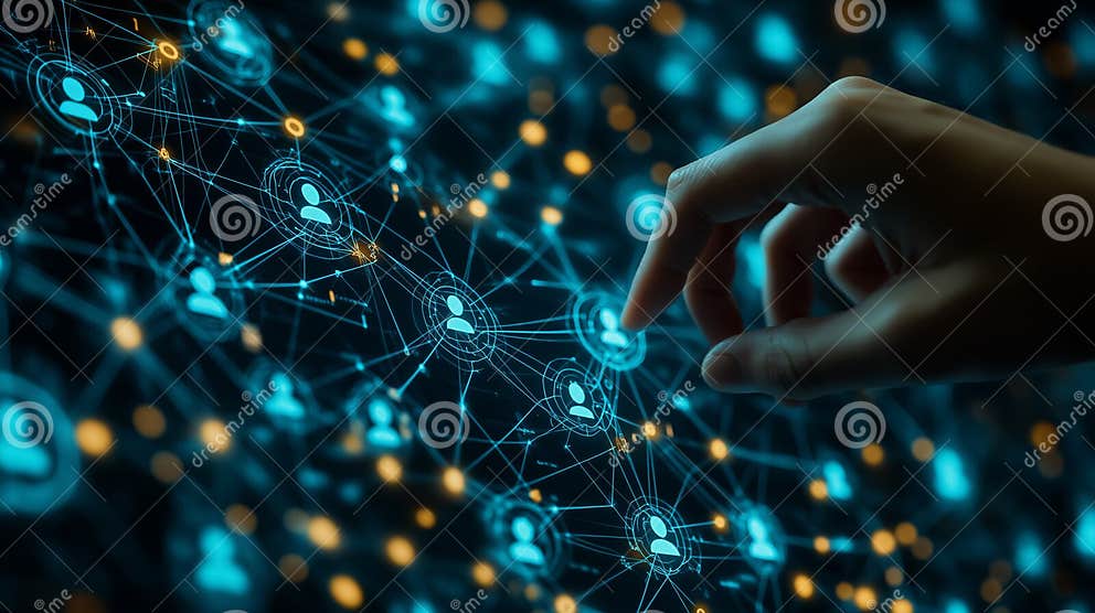 A Hand Interacts with a Complex Digital Network of Interconnected Nodes ...