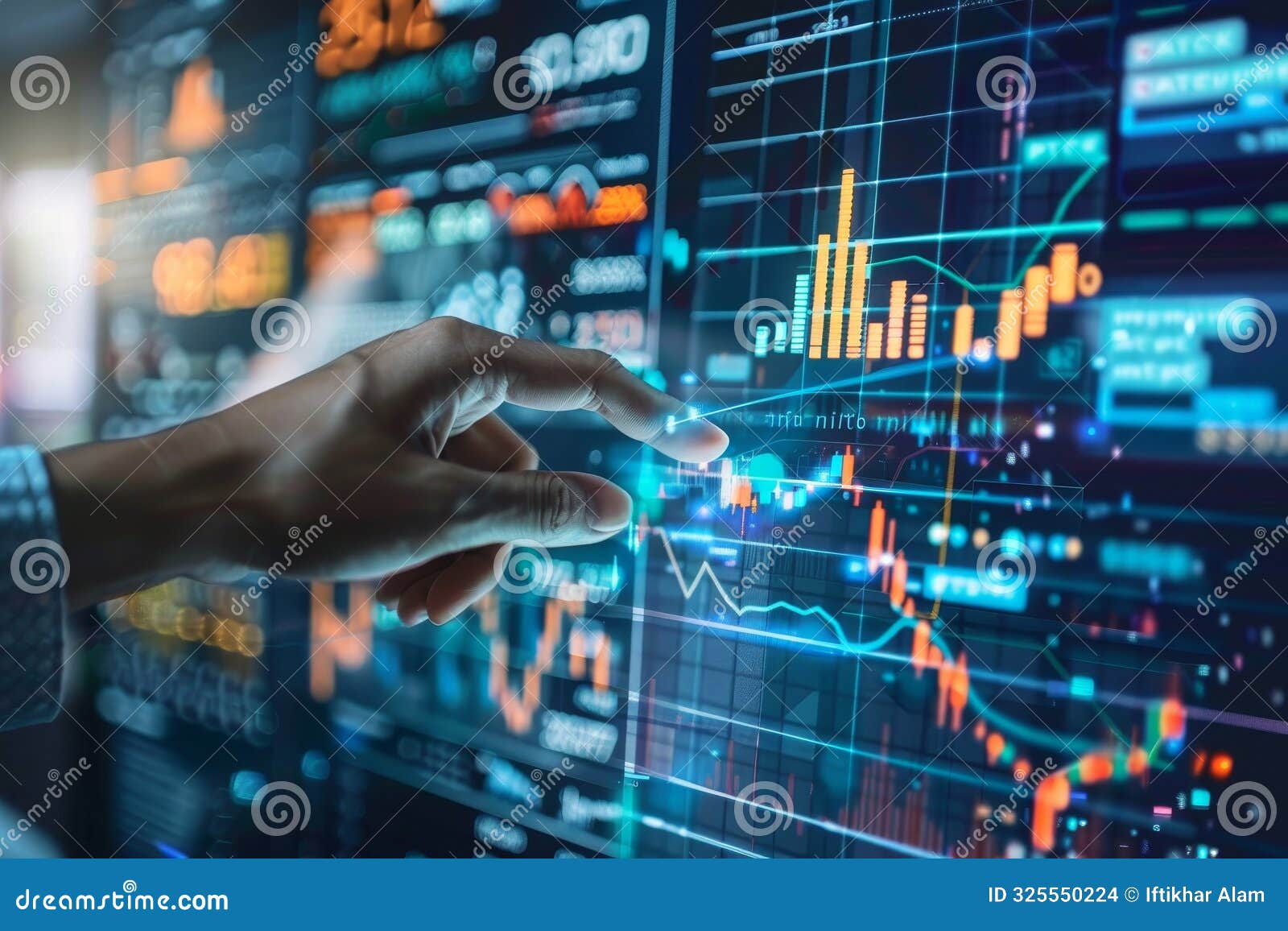 Hand Interacts With Computer Screen Displaying Data Visualizations Showing Data Driven Decision
