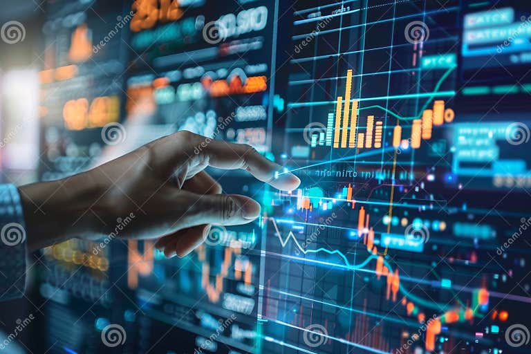 Hand Interacts with Computer Screen Displaying Data Visualizations ...