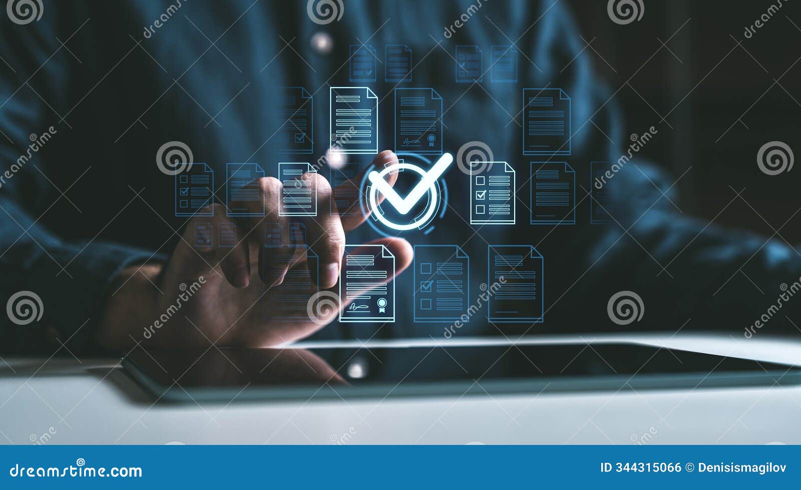 Hand Interacts With Digital Checkmark And Documents On Dark Background ...