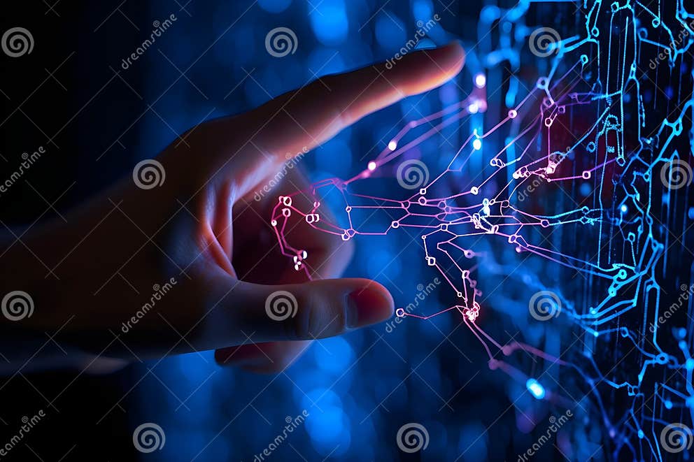 A Hand Interacts with a Digital Network, Representing Artificial ...