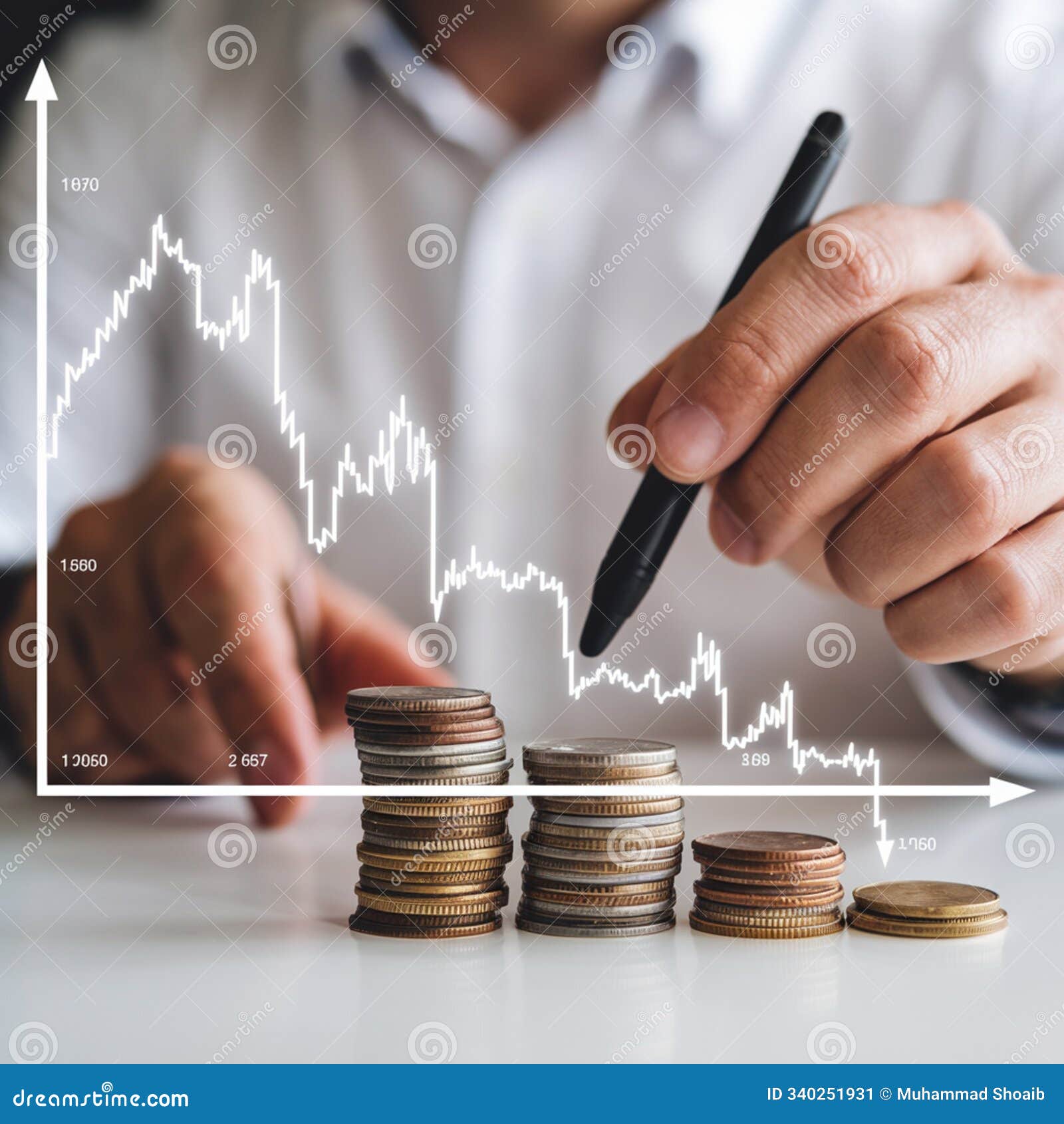 Hand Interacts with a Downward Stock Market Graph while Coins Decrease in Height Stock Image ...