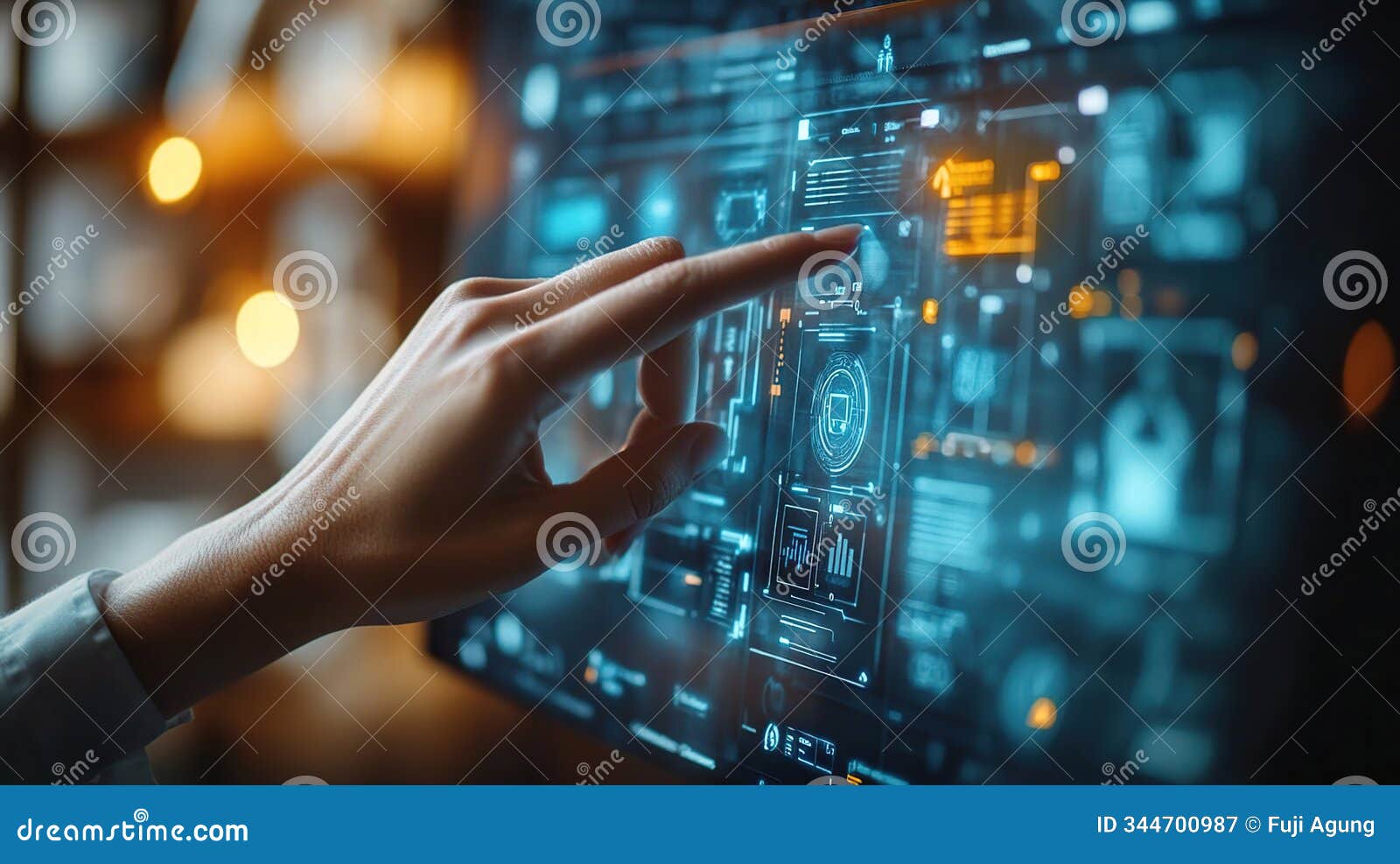 A Hand Interacts with a Futuristic Digital Interface on a Computer ...