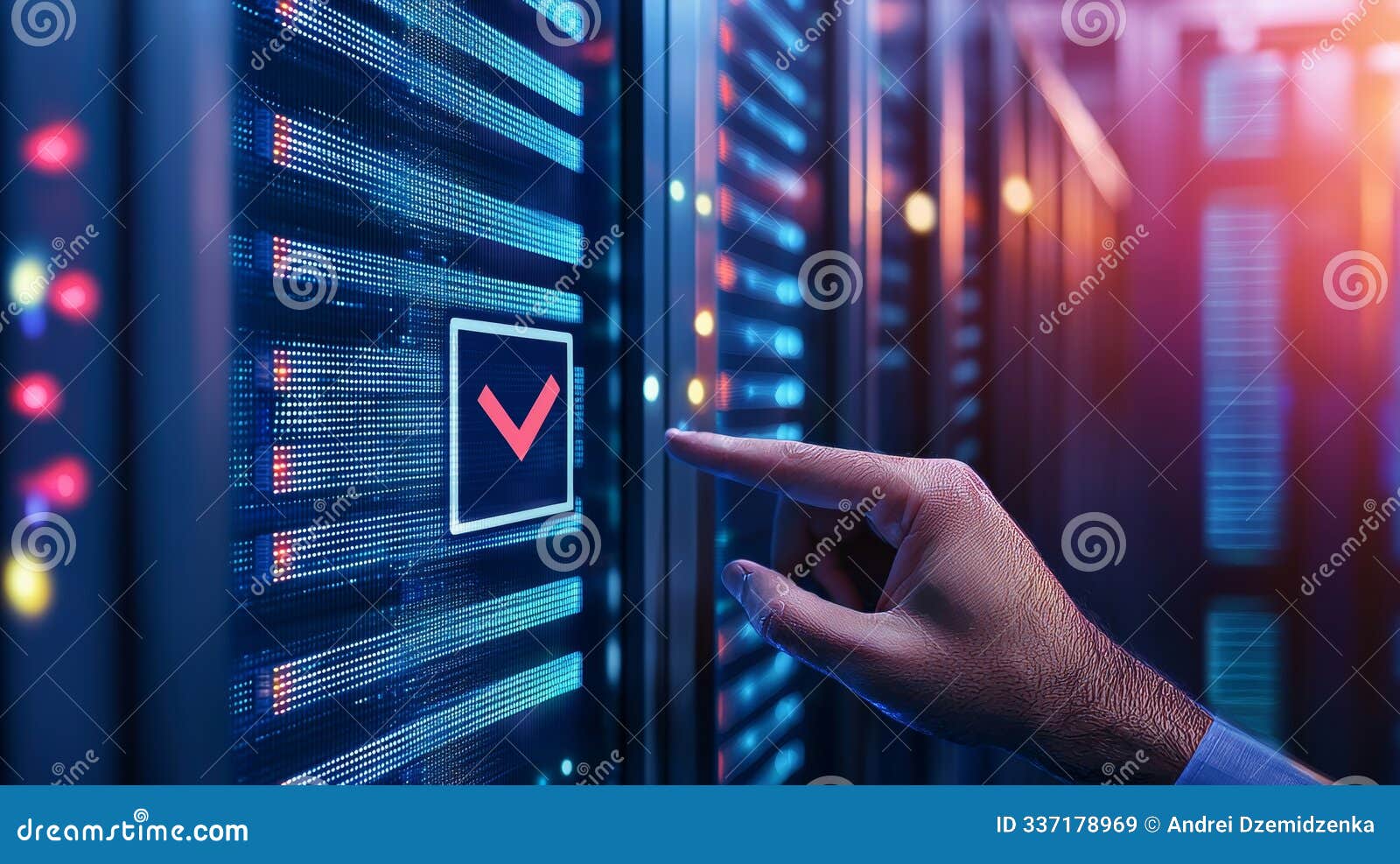 A Hand Interacts with a Futuristic Server Room Touch Interface with ...