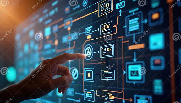 Hand Interacts with Interactive Database Screen. Flowchart Illustrates ...