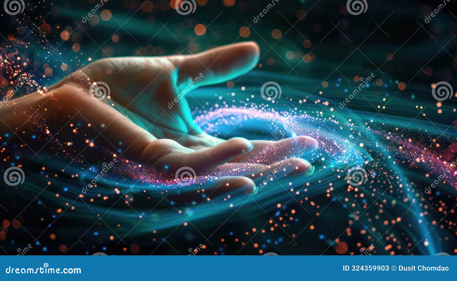 A Hand Interacts with a Spinning Data Flow, Set Against a Dynamic ...