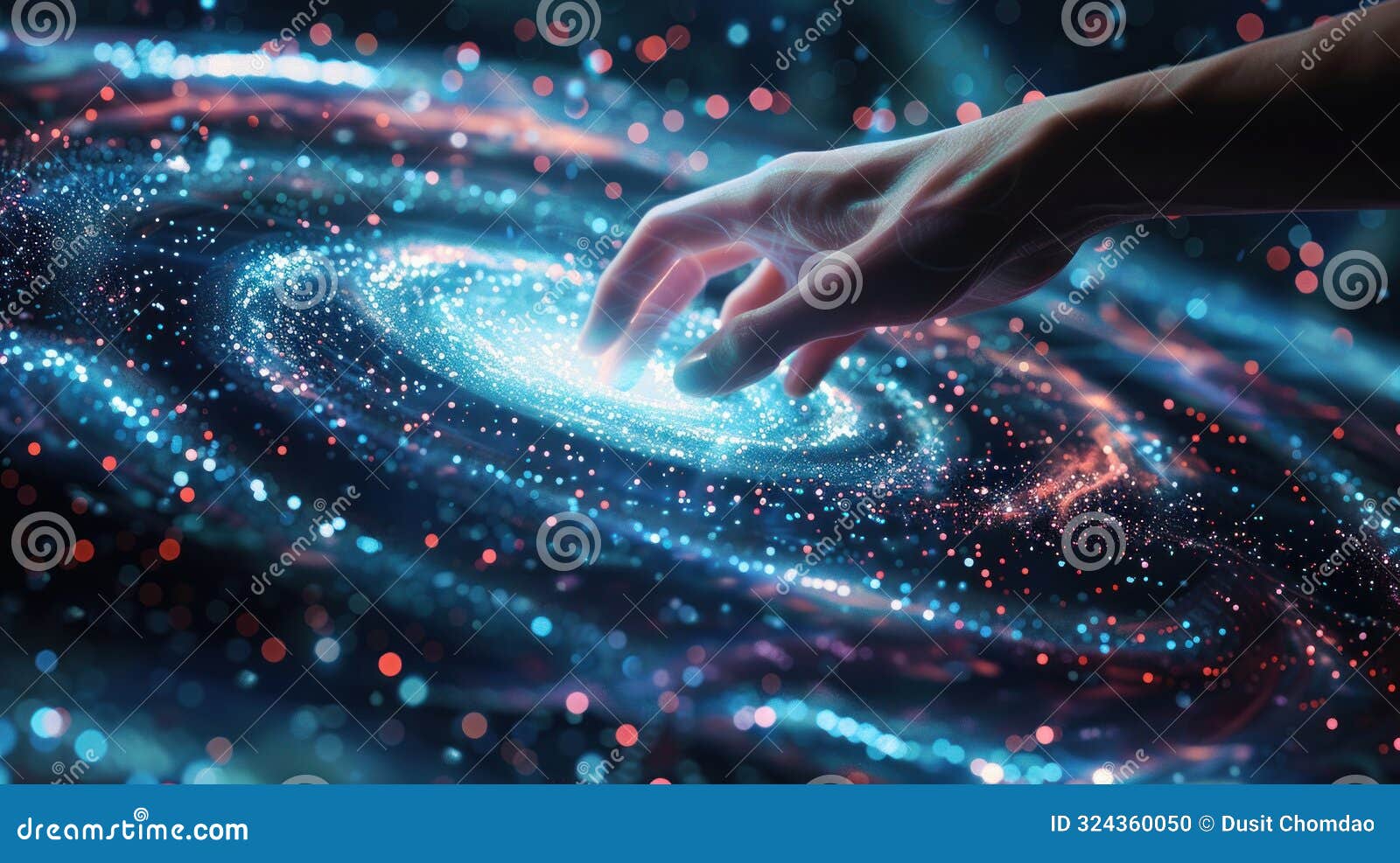A Hand Interacts with a Spinning Data Flow, Set Against a Dynamic ...